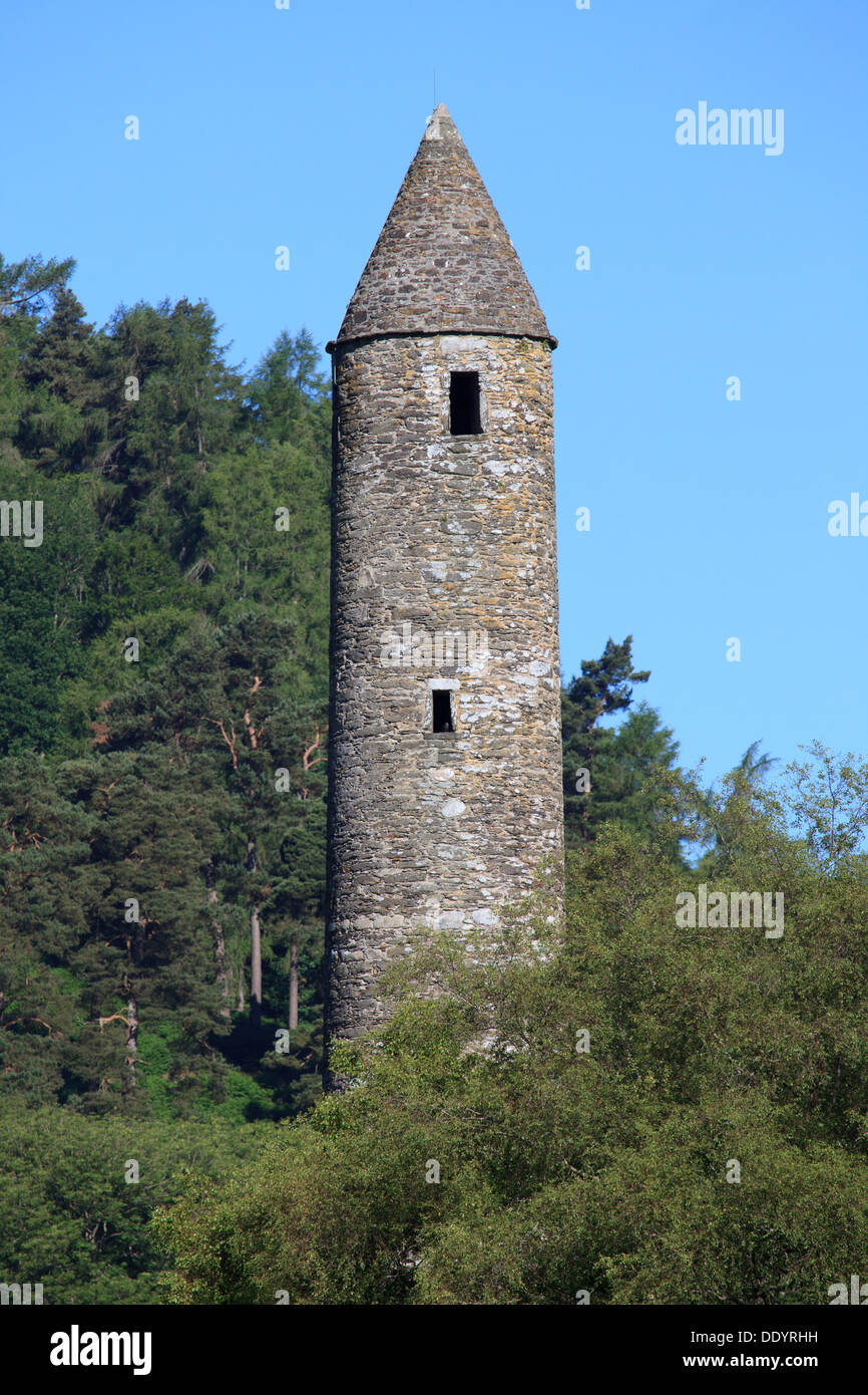 The round tower at Glendalough (County Wicklow), Ireland Stock Photo ...