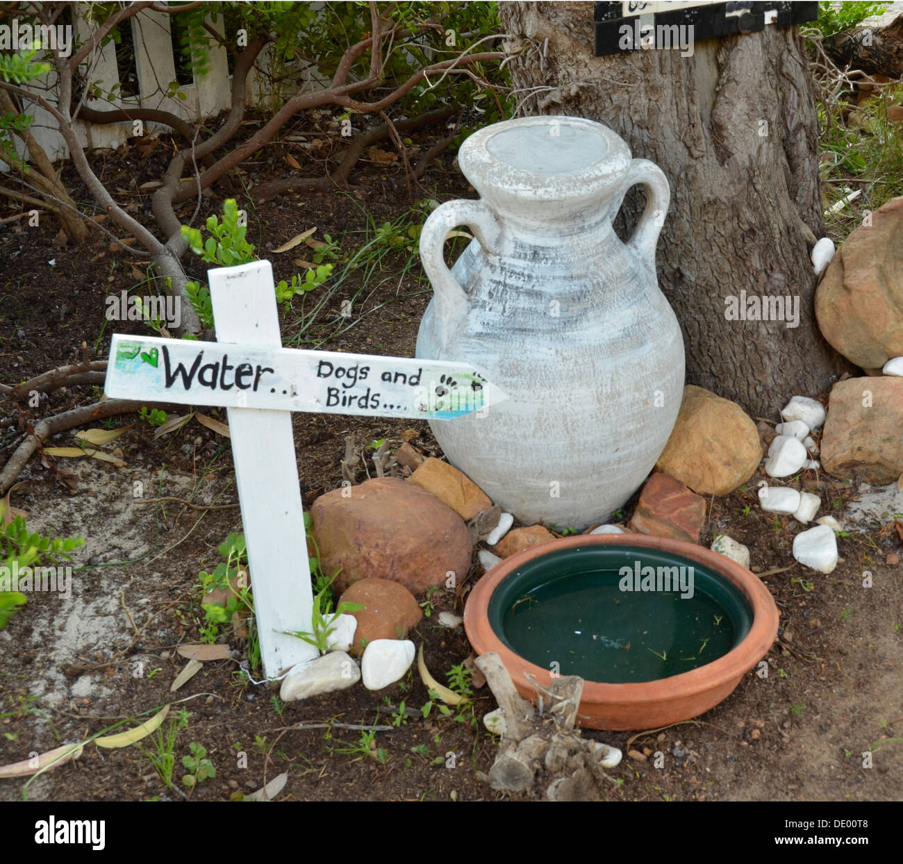 Roadside water sign and bowl for thirsty birds and dogs Stock Photo - Alamy