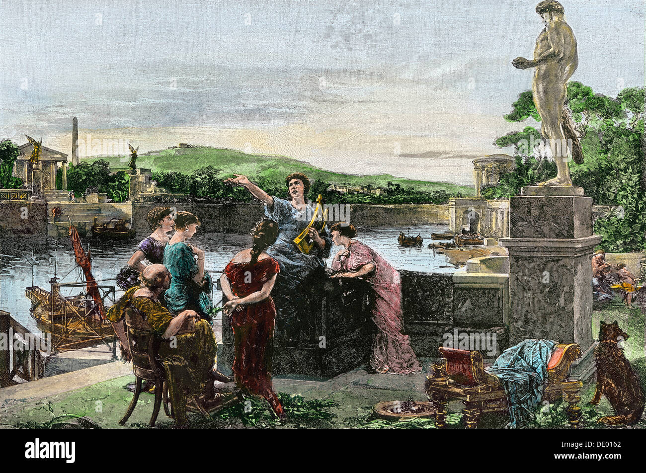 Catullus singing one of his poems at his villa, ancient Lombardy. Hand ...