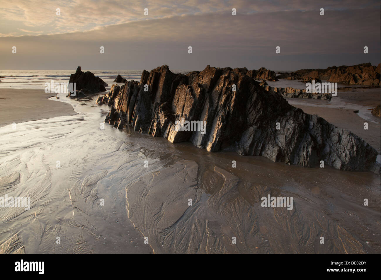 Sunset view on the beach at Rockham Bay, nr Mortehoe, nr Woolacombe ...