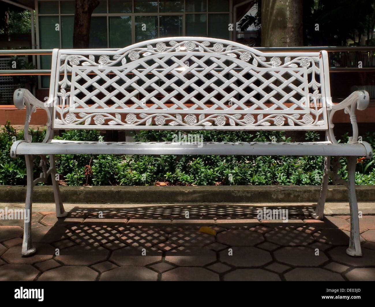 White bench in garden Stock Photo - Alamy