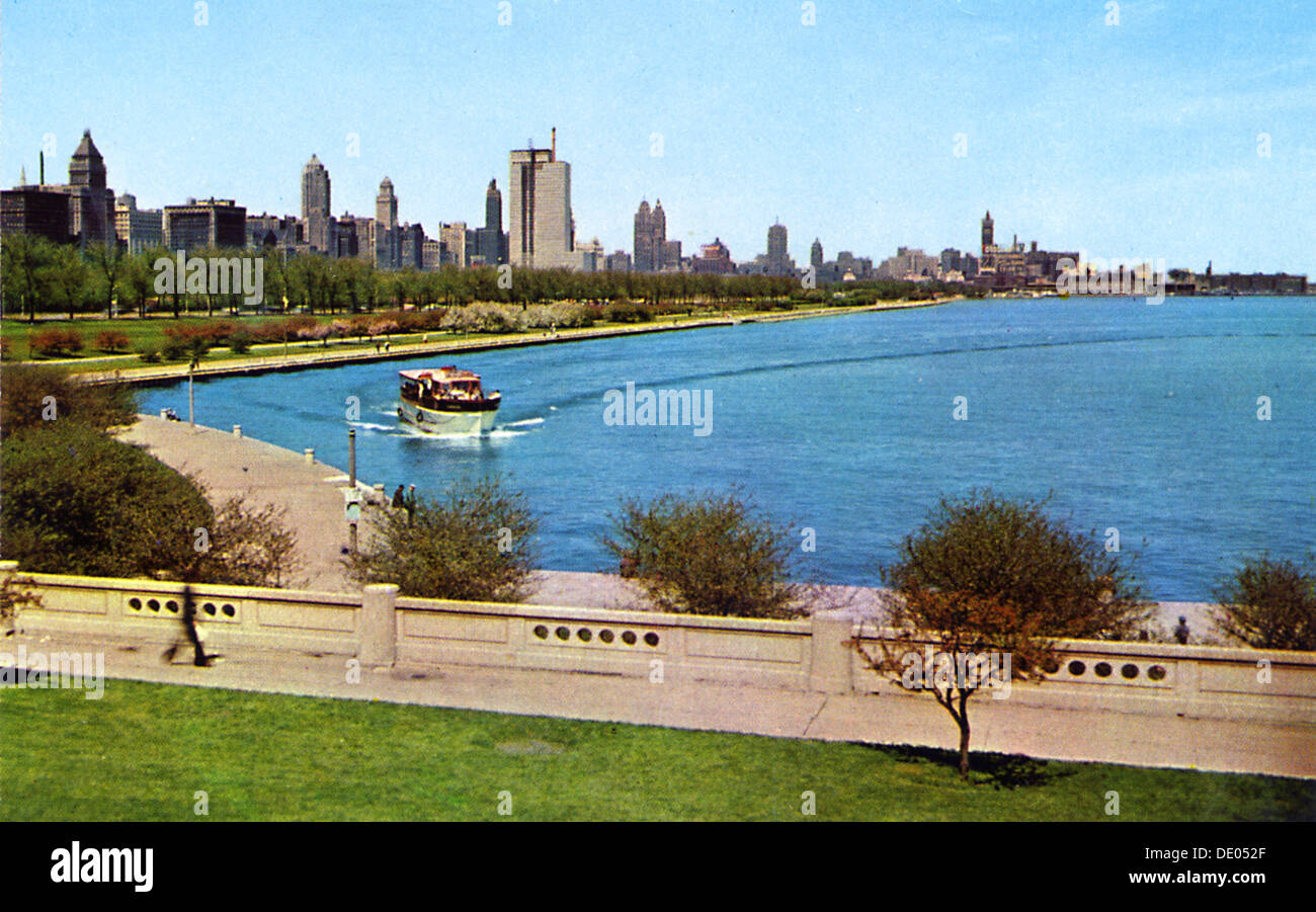 Michigan Avenue skyline and lakefront, Chicago, Illinois, USA, 1956 ...