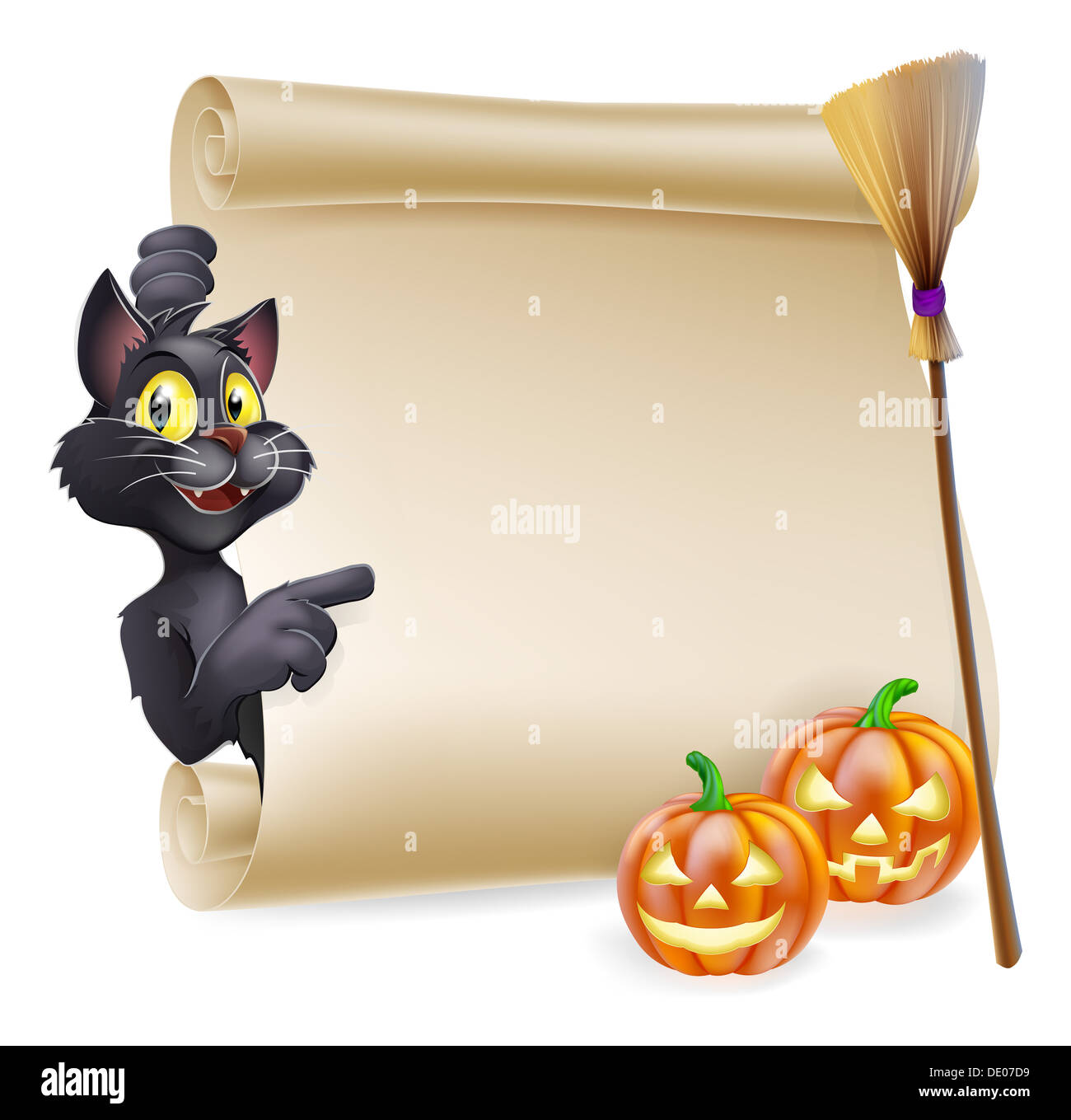 A Halloween scroll with black cat pointing at the scroll sign and ...