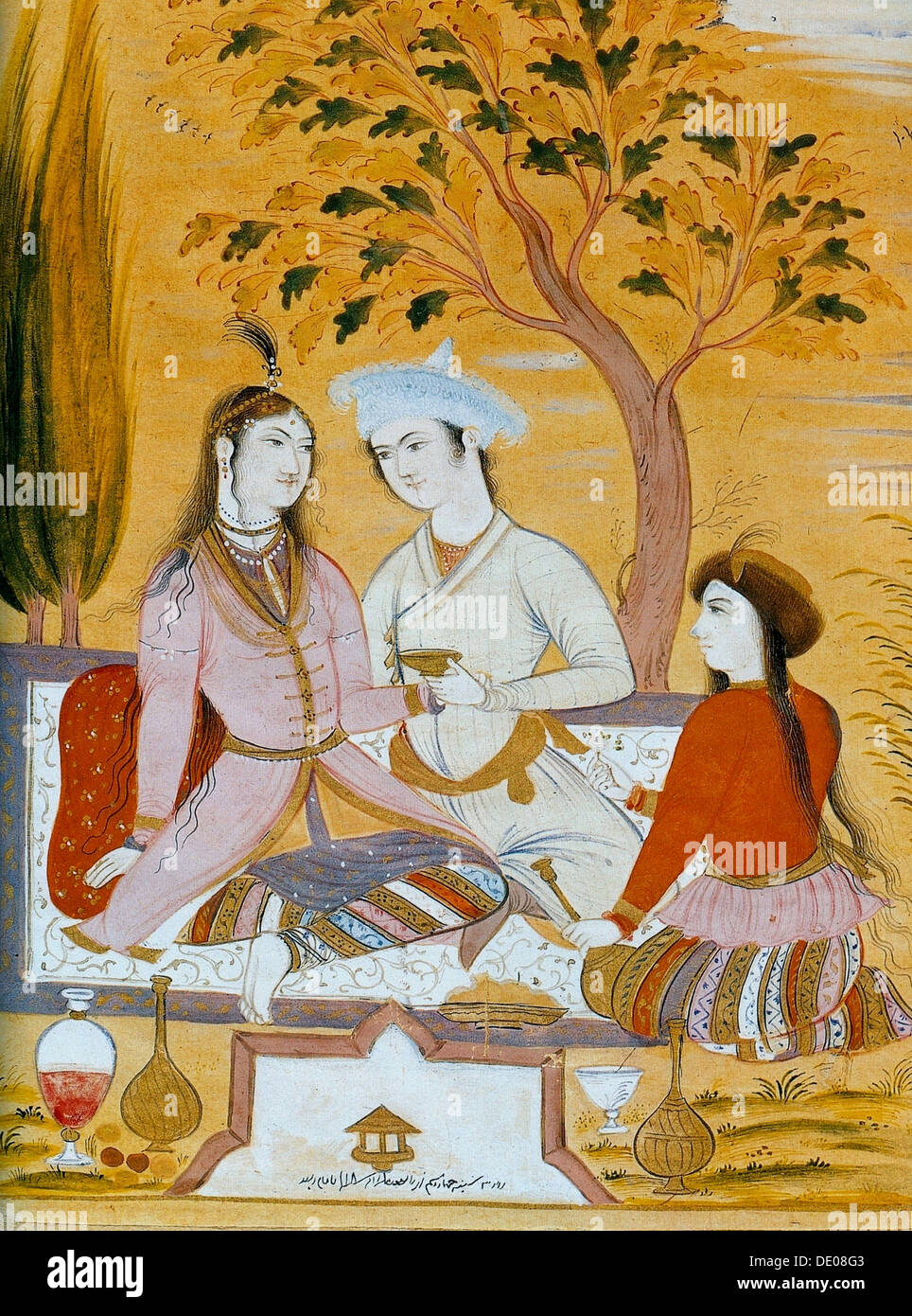Amorous couple and a servant, 1696. Artist: Mu'in Musavvir Stock Photo ...