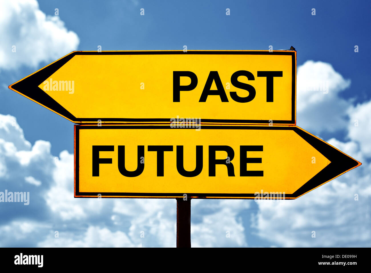 Past or future, opposite signs. Two opposite signs against blue sky ...