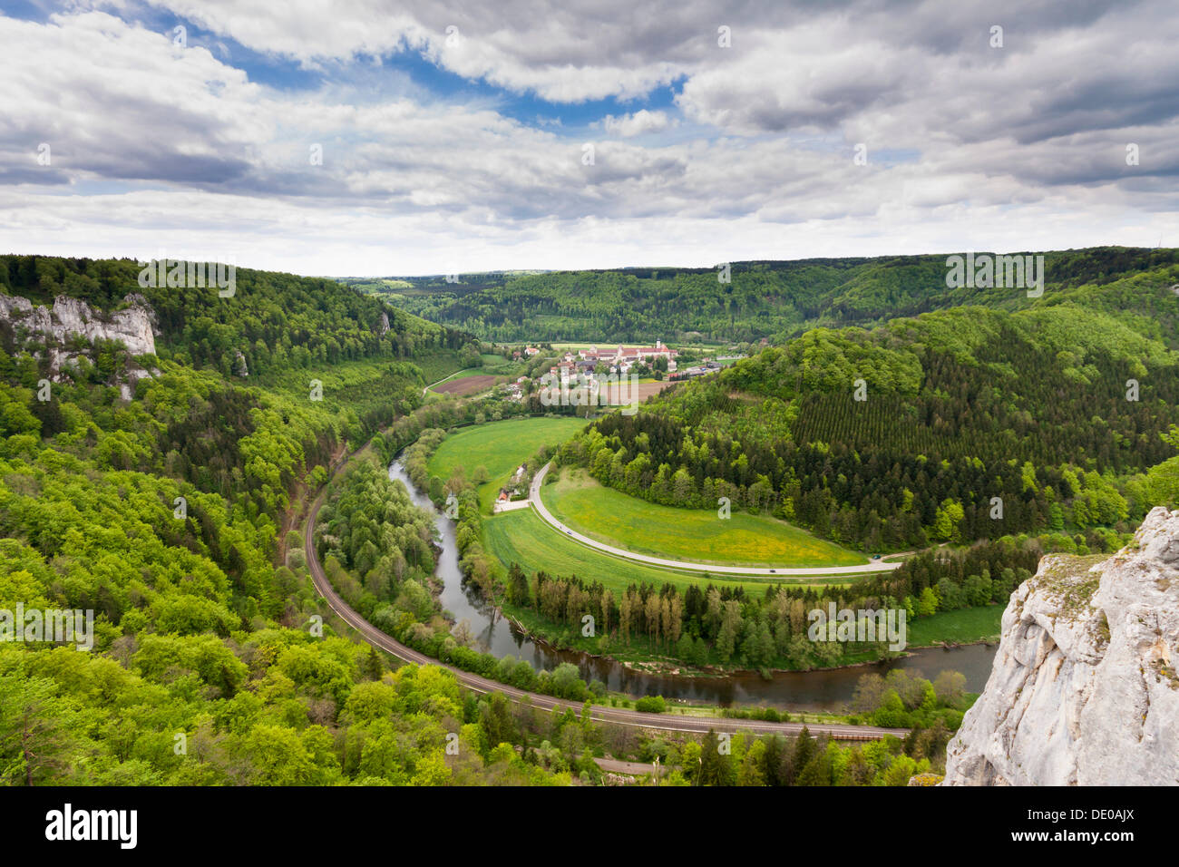 View over the Danube Valley towards Beuron Archabbey in the Danube ...