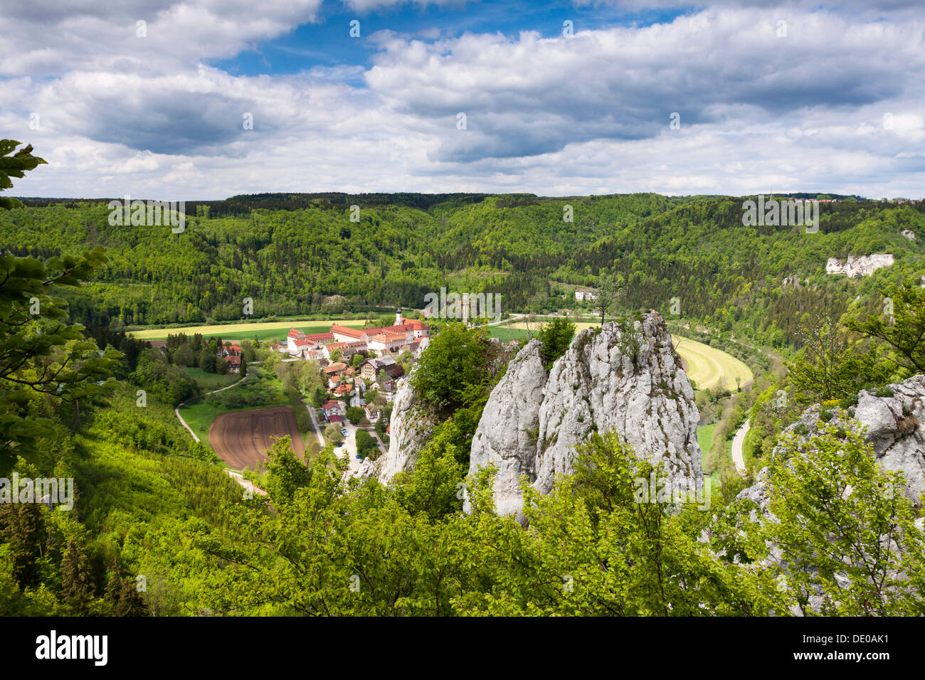 View towards Beuron Archabbey in the Danube Valley, Beuron, Baden ...