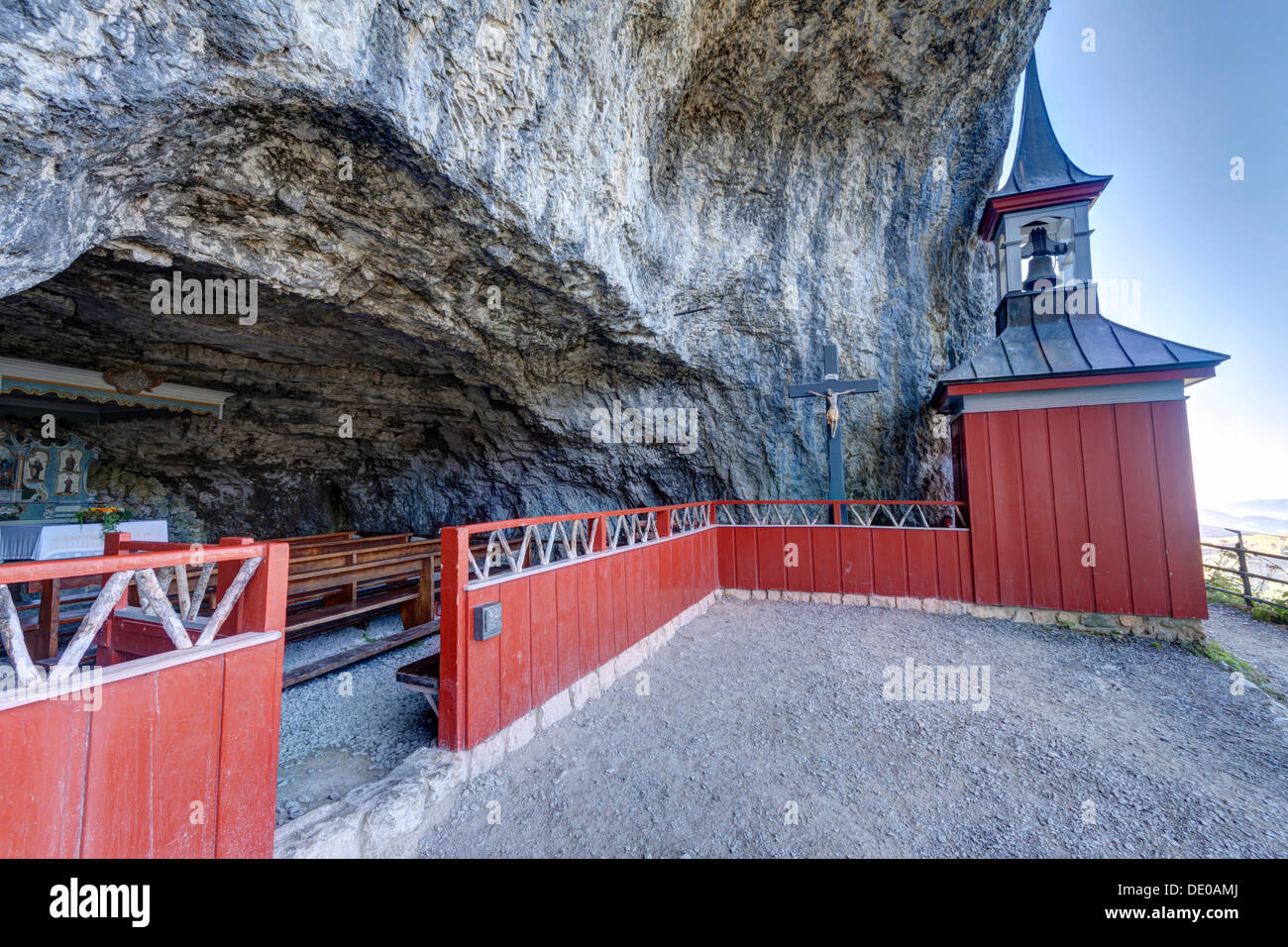 Wildkirchli with altar cave underneath Mount Ebenalp, Wasserauen ...