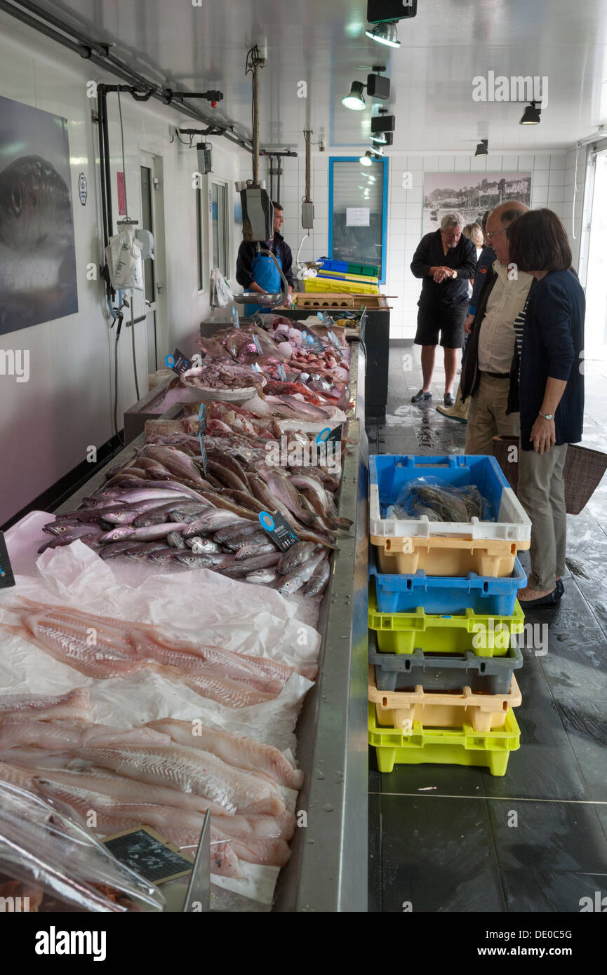 The poissonnerie du port or fishmongers in the port Duarnenez Brittany ...