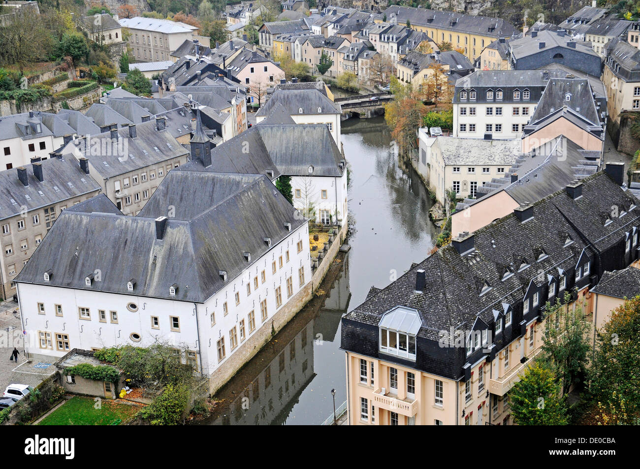 View of Grund district, Alzette valley, Alzette river, Luxembourg ...
