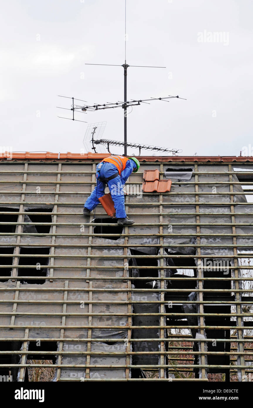 Roofers untiling roof framework, demolition of a house Stock Photo - Alamy