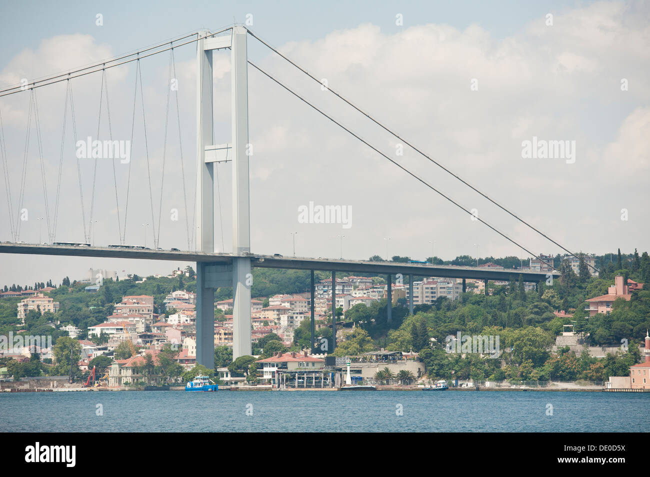 Large suspension road bridge over a river against a blue sky background ...