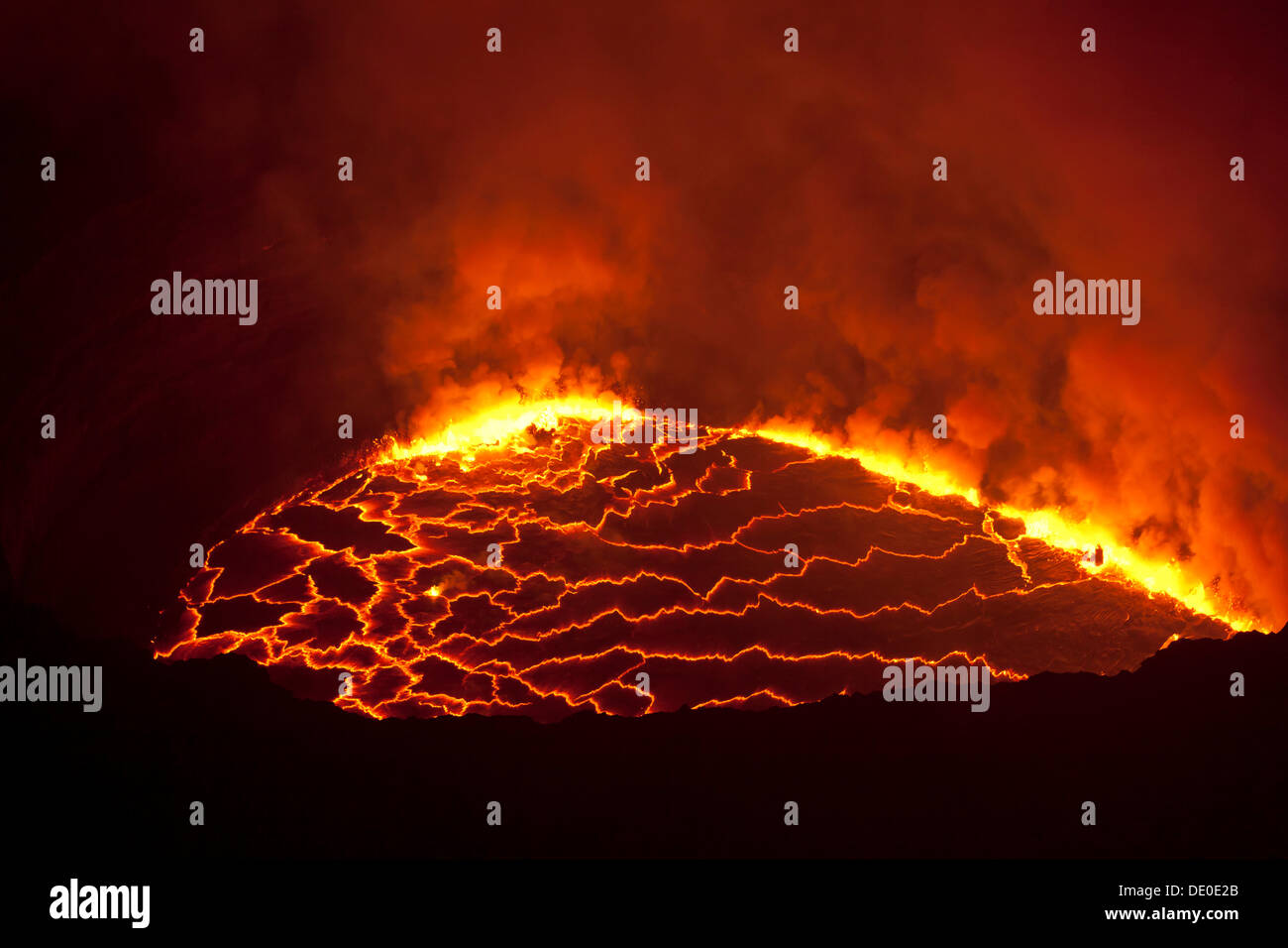 Boiling lava lake in the crater of Mount Nyiragongo volcano Stock Photo ...
