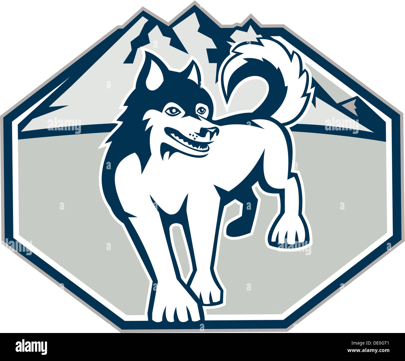 Illustration of a Siberian Husky dog with mountains in background set ...
