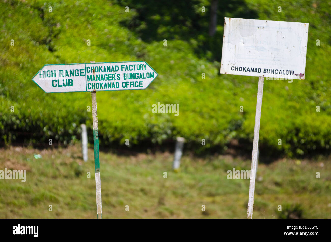Signs for directions in the Munnar Tea plantations, Kerela, South India ...