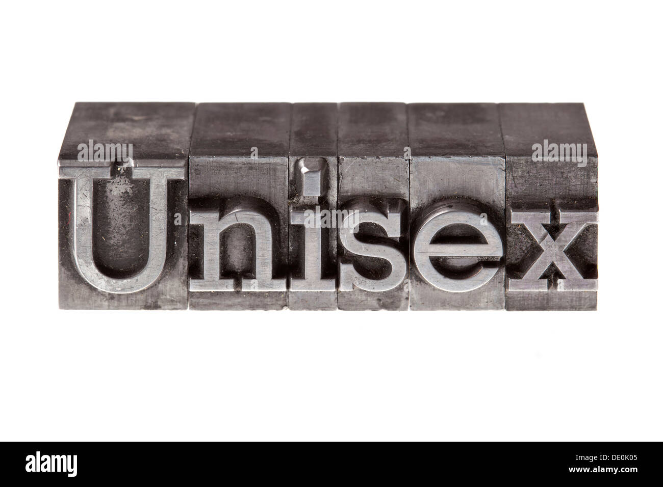 Old lead letters forming the word Unisex Stock Photo - Alamy