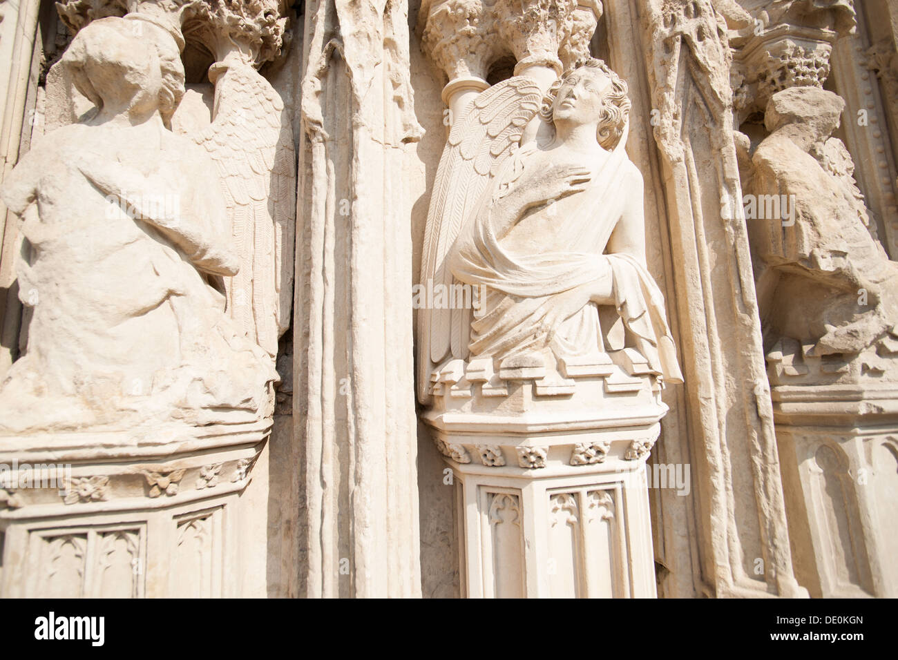 Exeter Cathedral carved panels of the saints on the exterior wall or ...