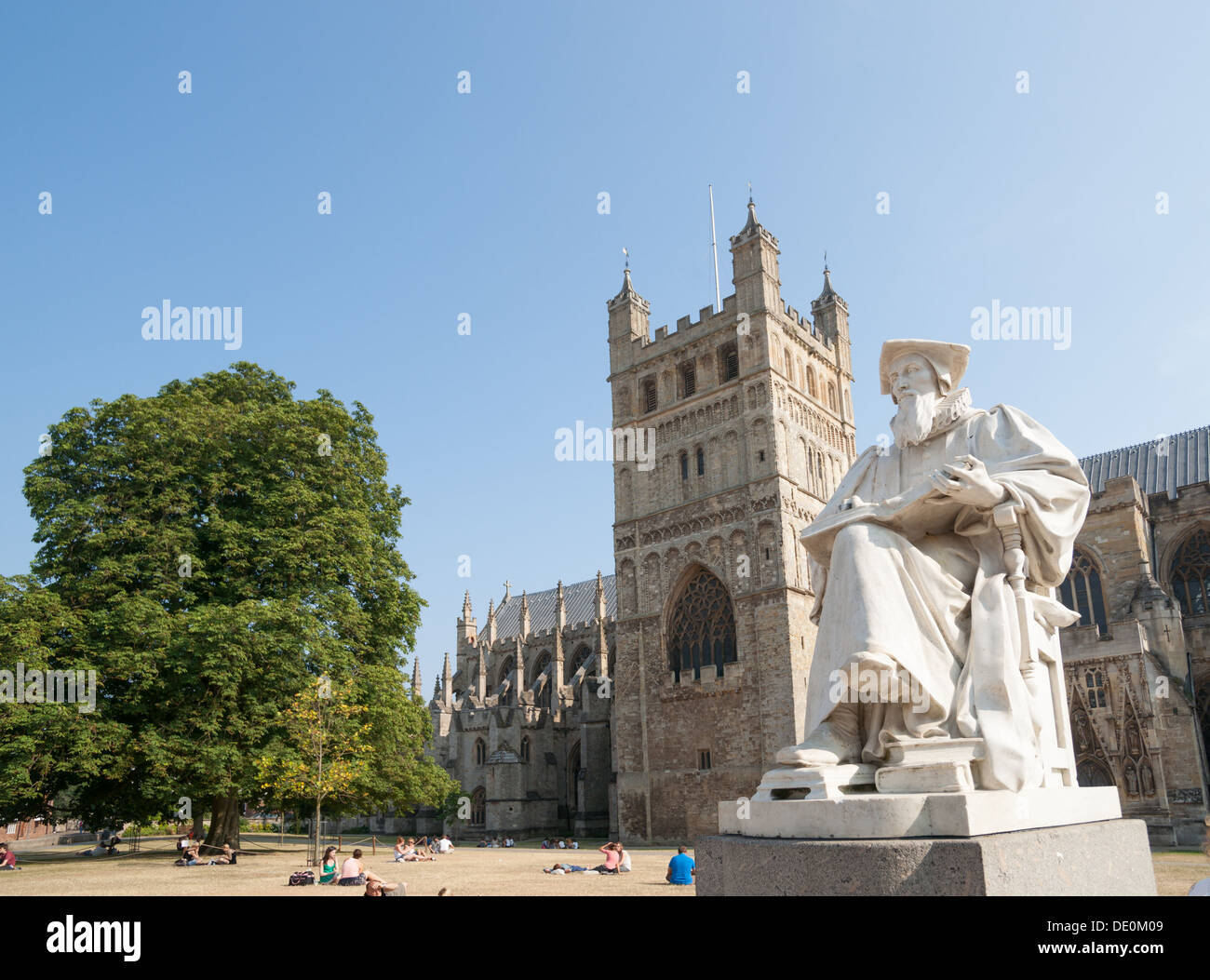 Statue of Richard Hooker, ancient priest and theologian,and people ...