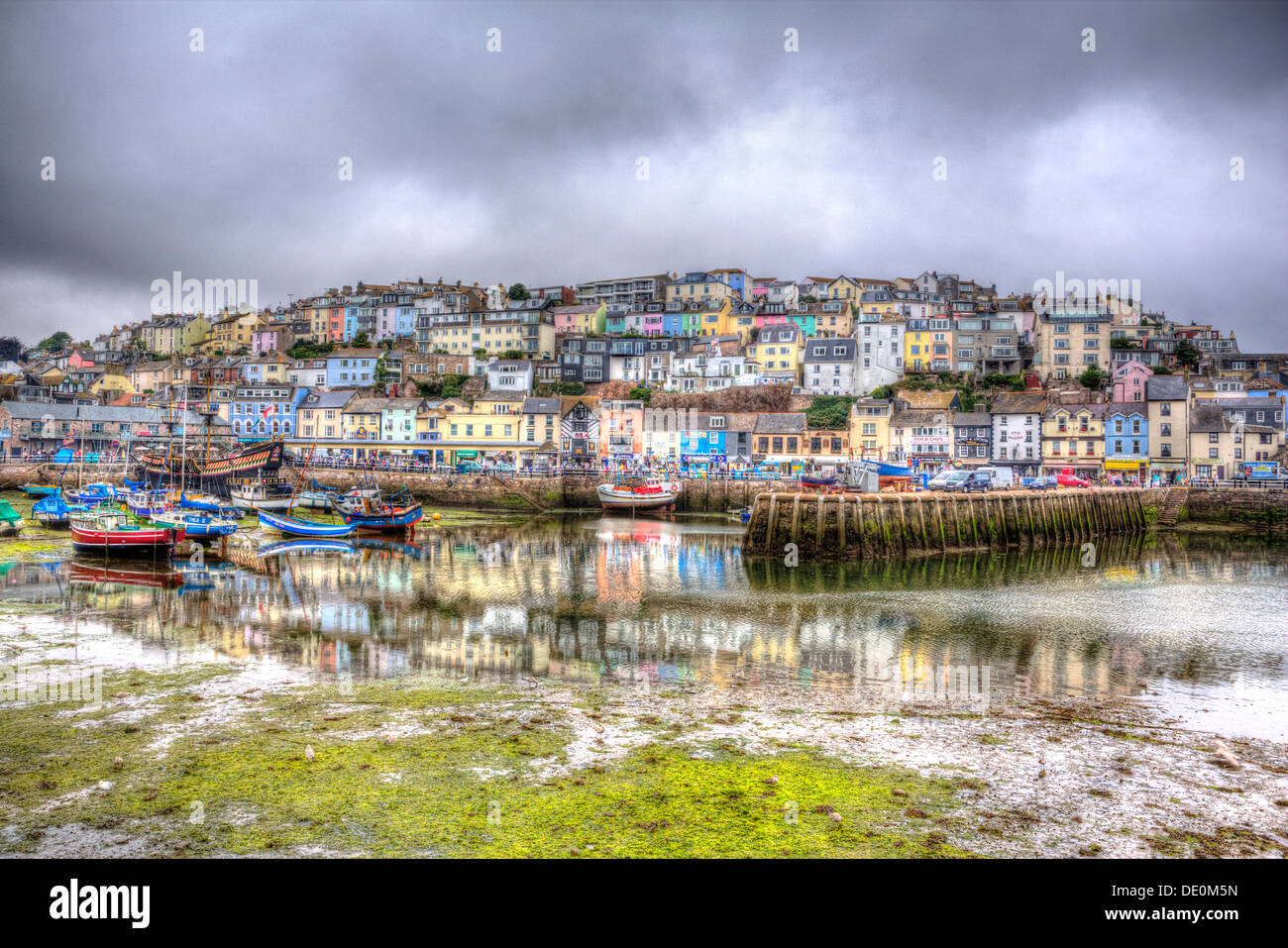Brixham harbour fishing town in Devon at low tide in HDR Stock Photo ...