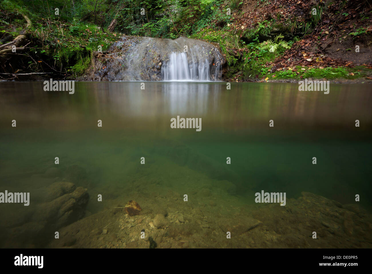 Split image, underwater view of the Tengen waterfall, Hegau, Lake ...