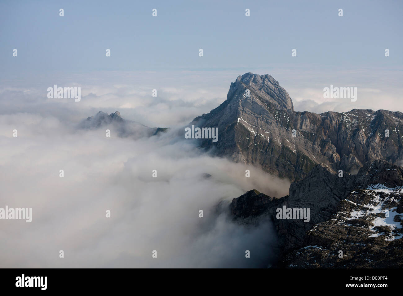 Low stratus as seen from Saentis mountain, view of Altmann mountain ...