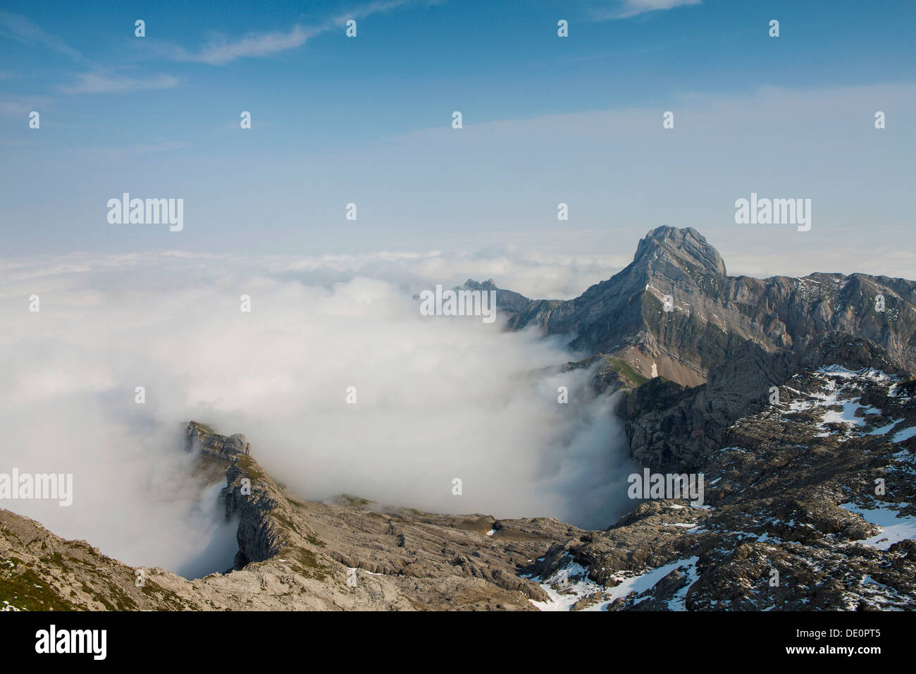 Low stratus as seen from Saentis mountain, view of Altmann mountain ...