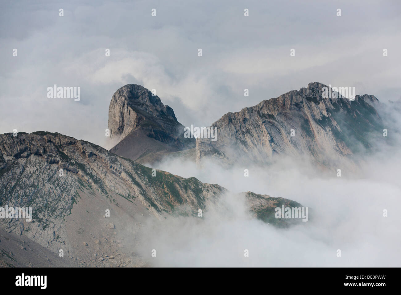 Fog in the Alpstein Range with a view towards Oehrli Mountain ...
