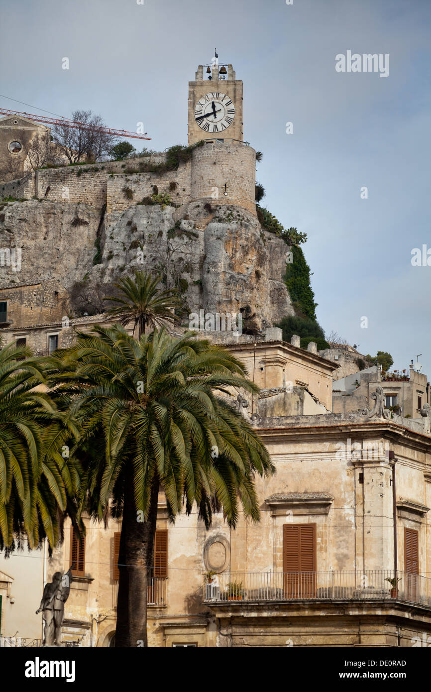 The clock tower of Castello Modica in Modica in the Province of Ragusa ...