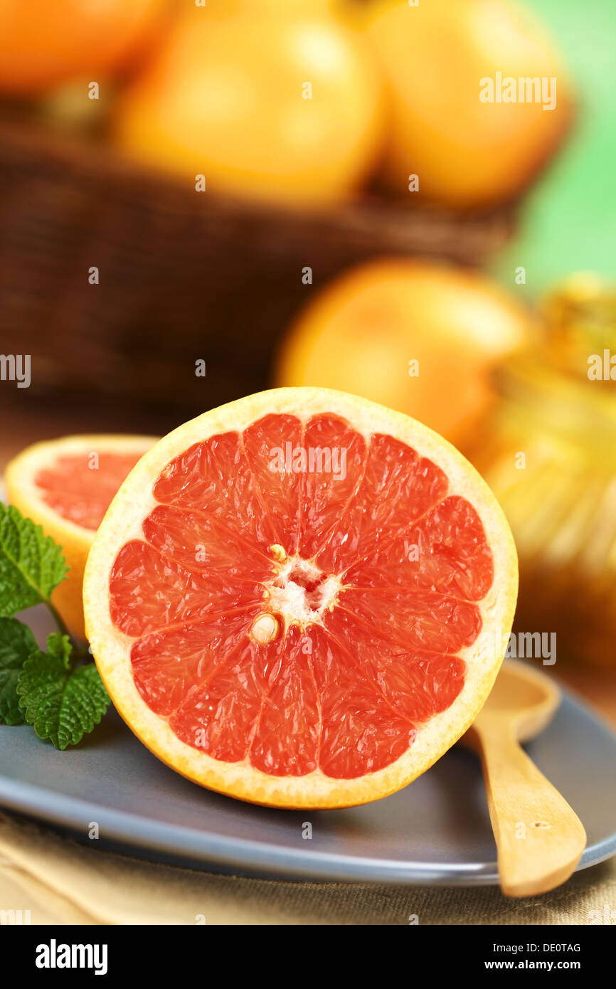 Half of a pink-fleshed grapefruit on blue plate with mint leaf and ...