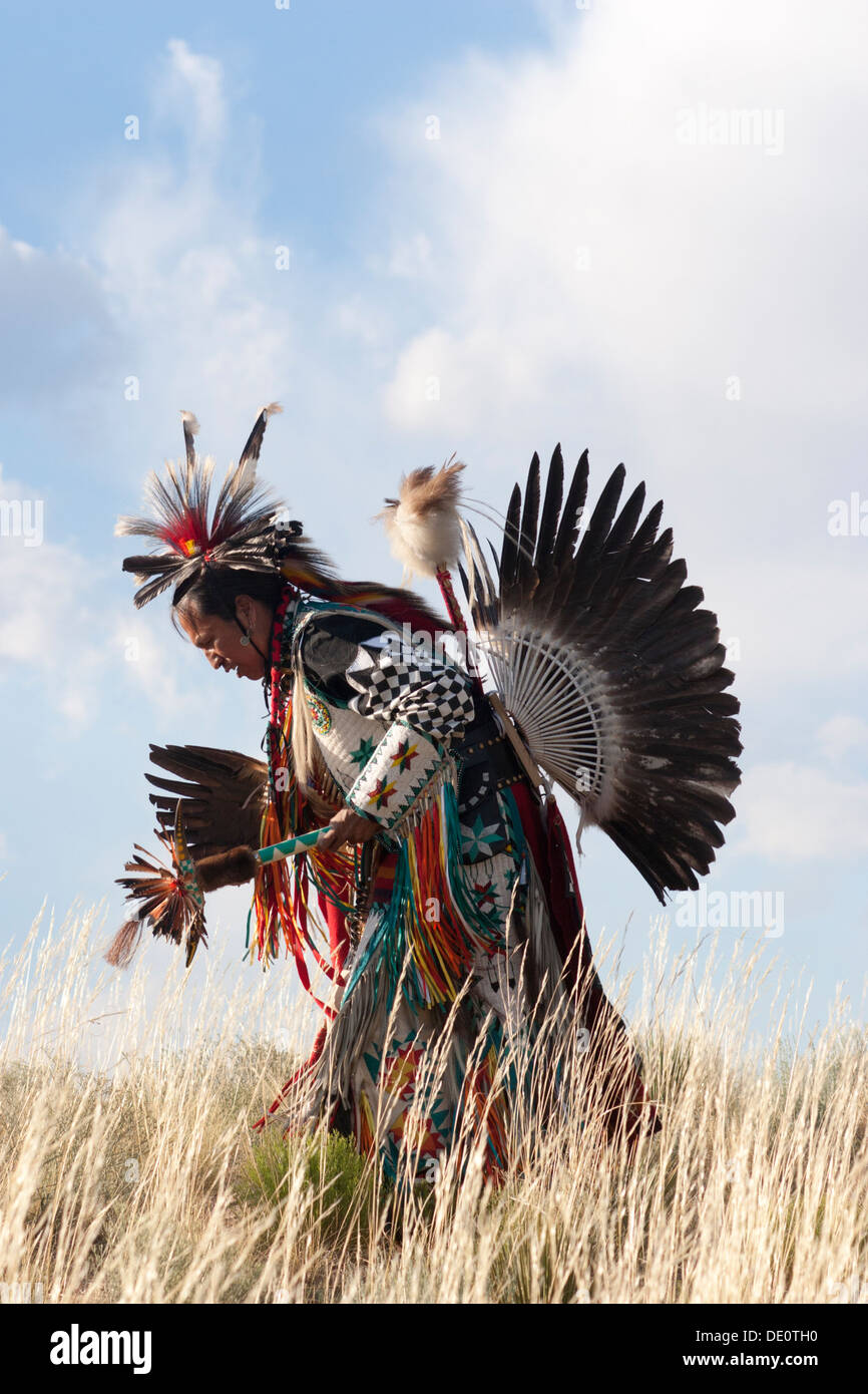 Native American man wearing traditional Cheyenne costume, dancing in ...