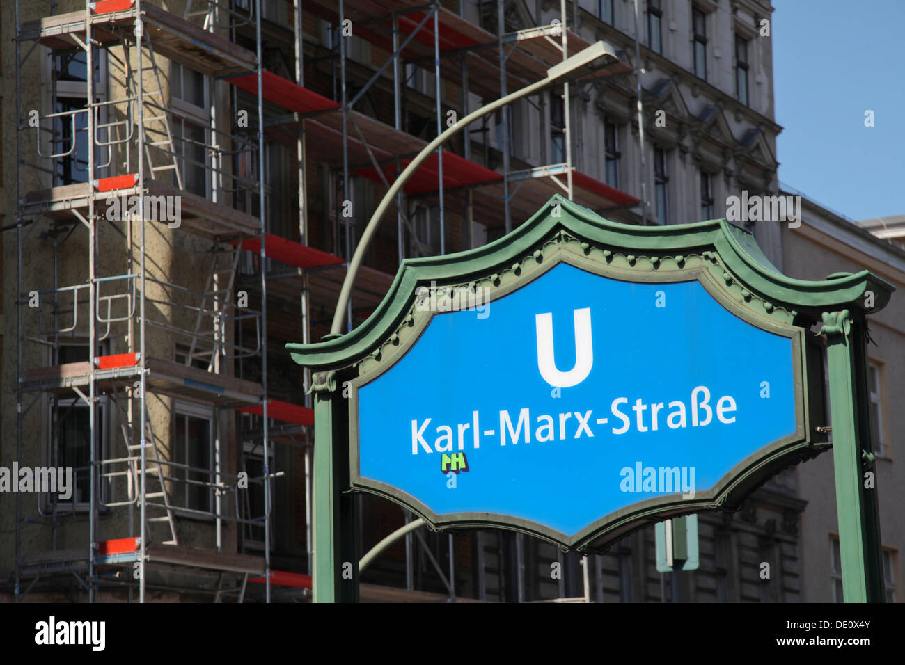 Subway sign, Karl Marx Strasse, redevelopment area, Berlin-Neukoelln ...