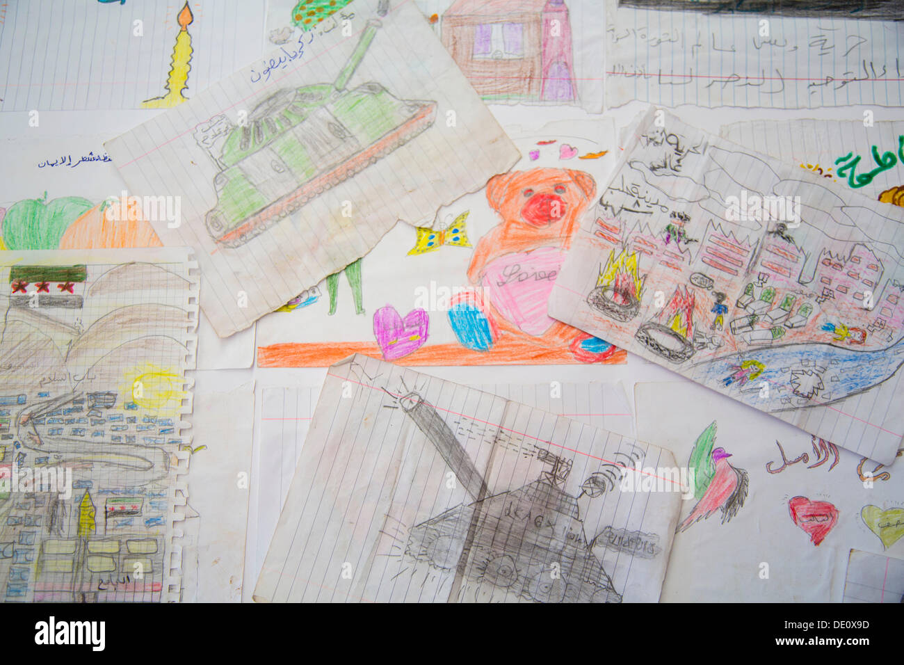 Drawings of children, camp for Syrian refugees of the civil war Stock ...