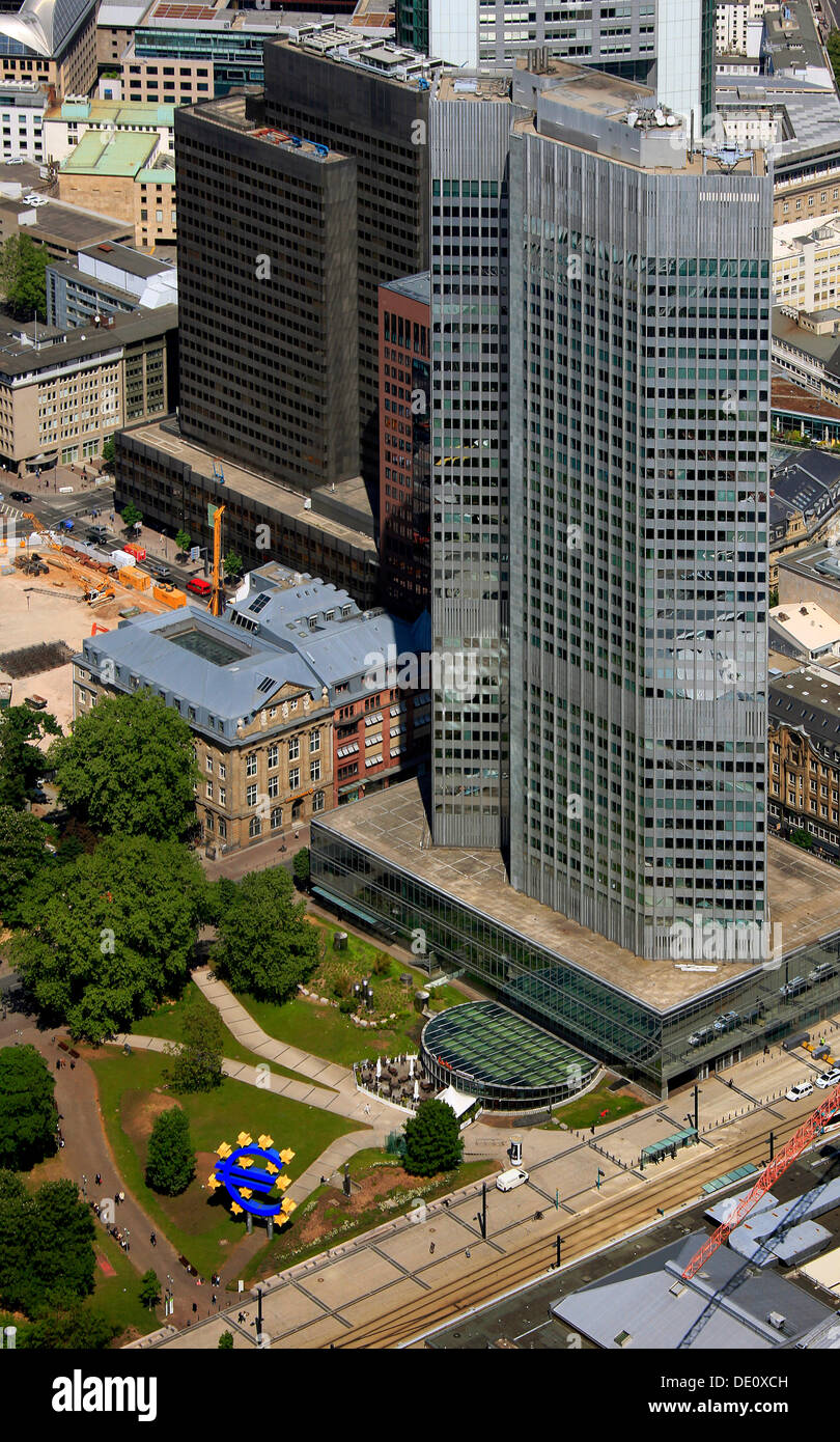 Aerial view, European Central Bank, ECB, Eurotower, euro sign, Deutsche ...