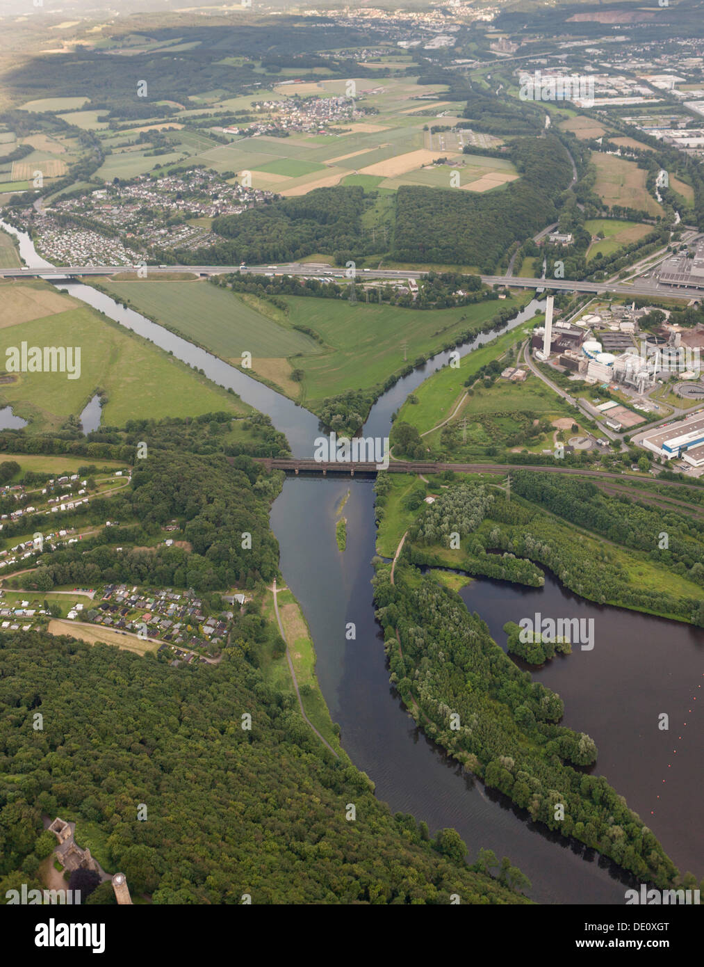 Aerial view, Volme river entering the Ruhr river, Dortmund, Ruhr area ...