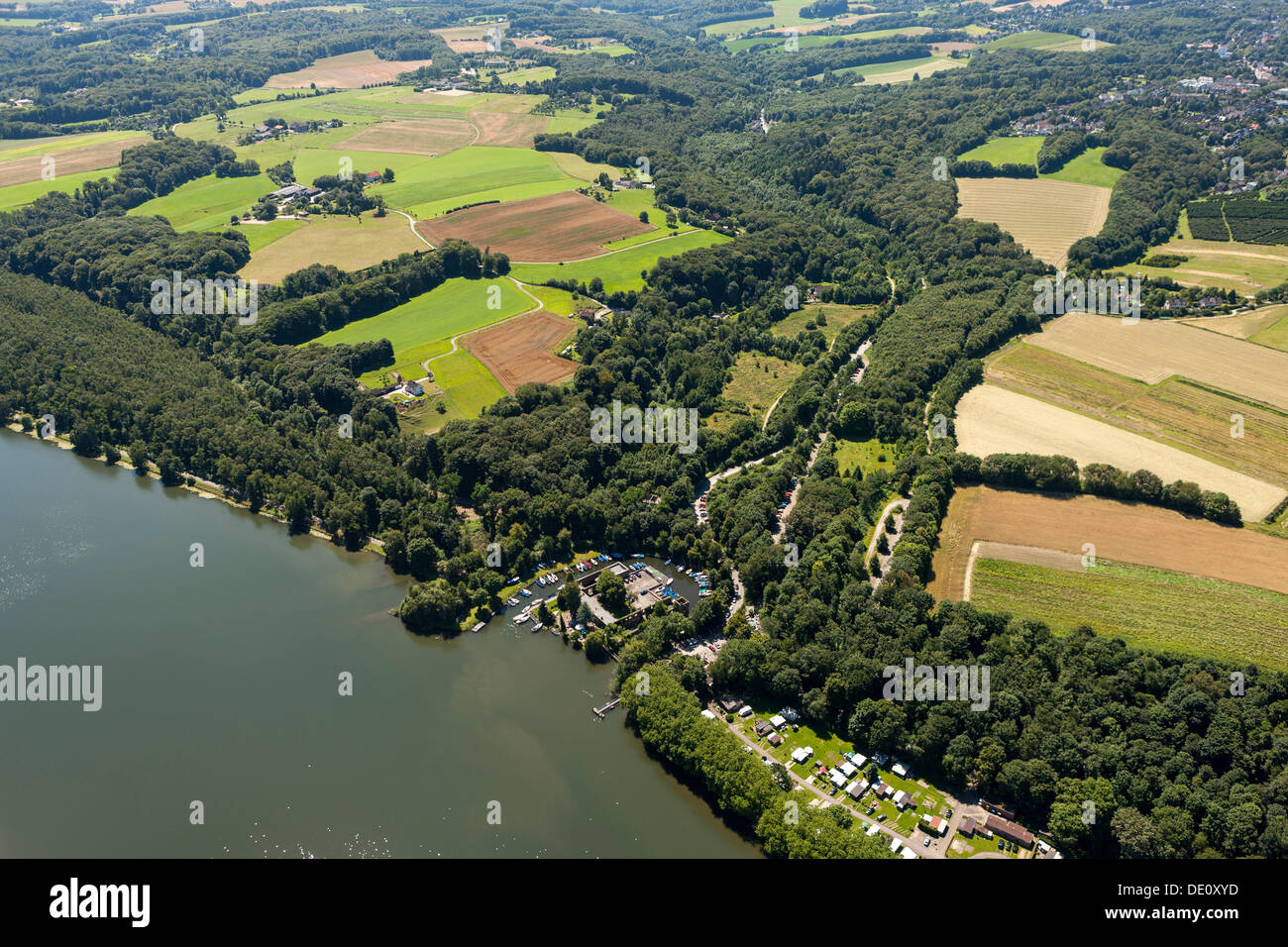 Aerial view of Haus Scheppen building on Lake Baldeneysee, Essen, Ruhr ...