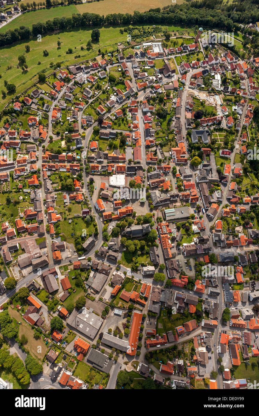 Aerial view, Church of St. Nicholas, town of Ruethen, Sauerland, North ...