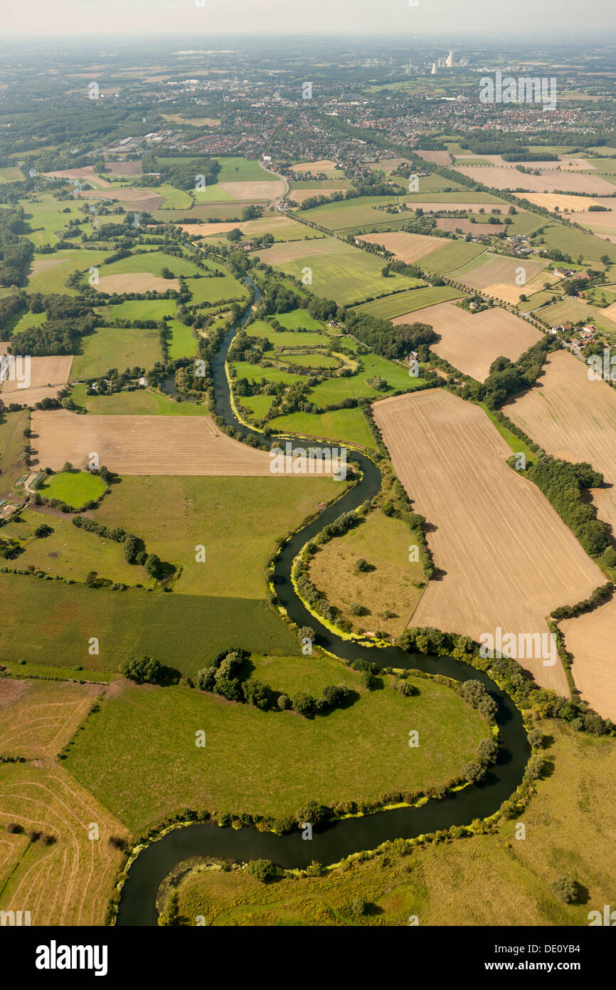 Aerial view, Lippe river, meander, meadows, fields, Bergkamen, Ruhr ...