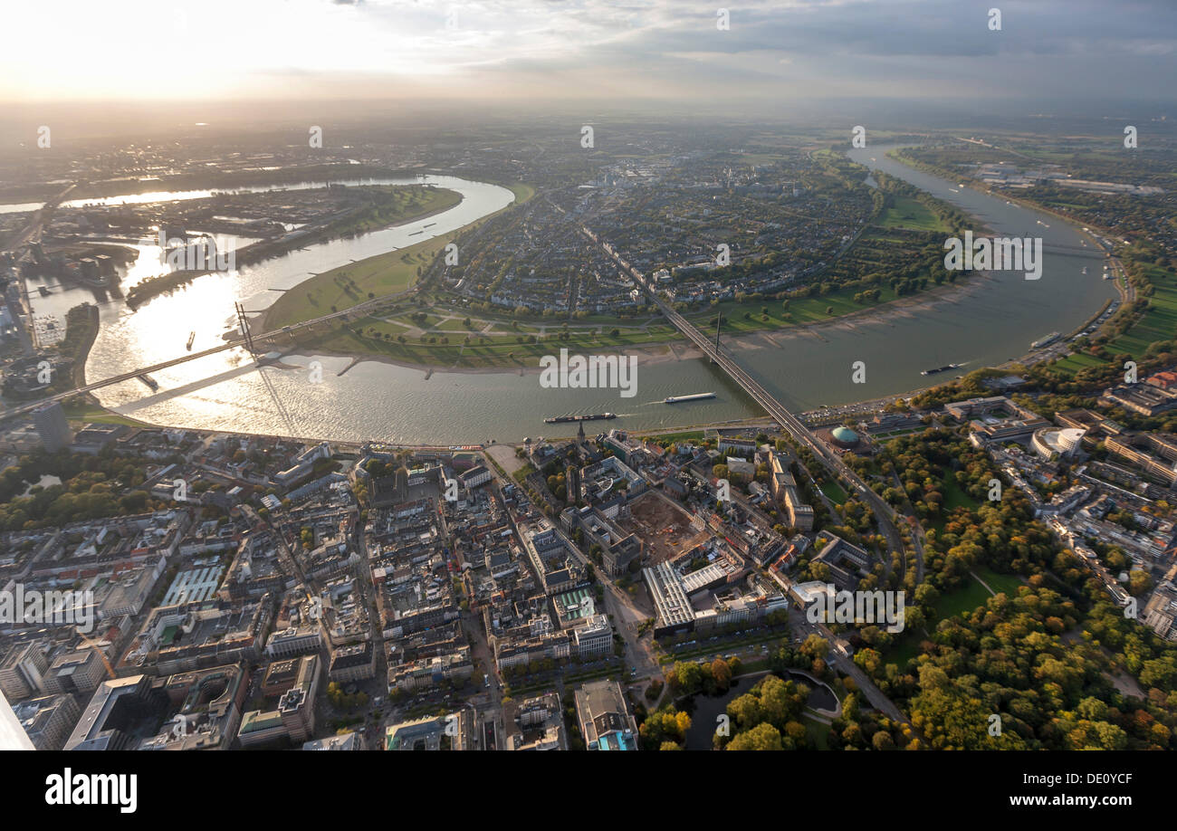 Aerial view, loop of the Rhine river in front of Oberkassel, the ...