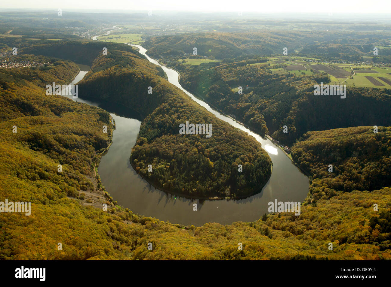 Aerial view, Saarschleife Mettlach Saar river bend, Saarland, autumn ...