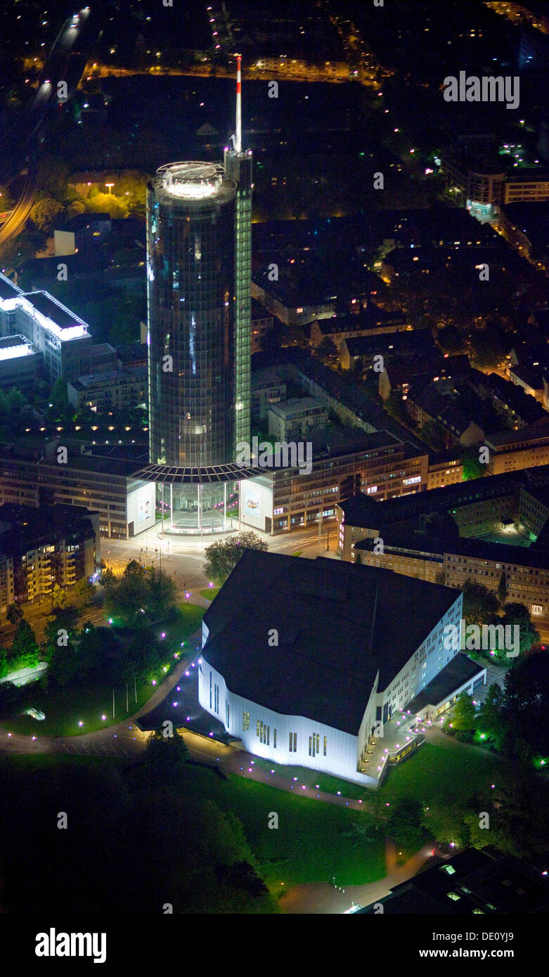 Aerial view, RWE Tower, Aalto Theatre, at night, Essen, North Rhine ...