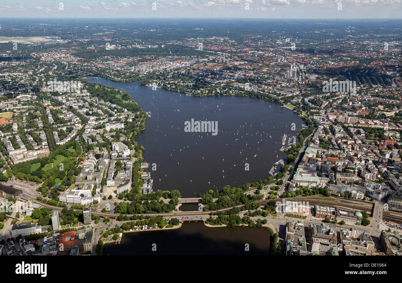Aerial view, Binnenalster or Inner Alster Lake and Aussenalster or ...