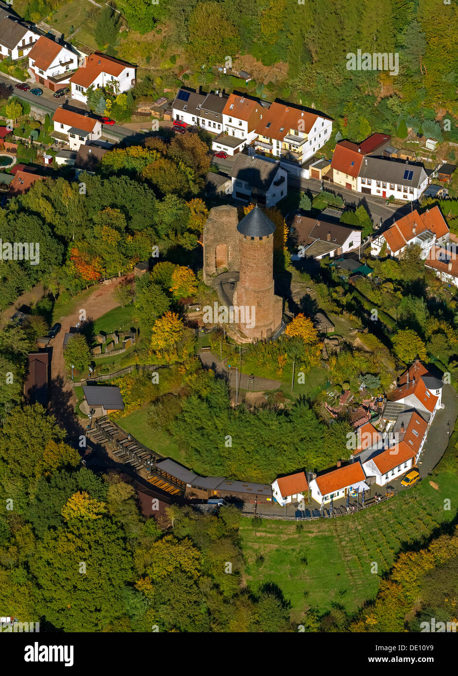 Aerial view, ruins of Burg Kirkel Castle, castle ruins, castle tower ... Aerial view, ruins of Burg Kirkel Castle, castle ruins, castle tower ...