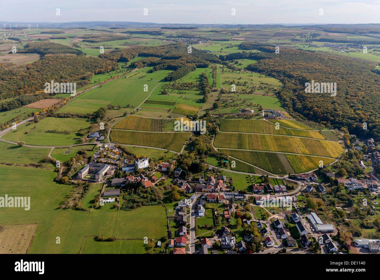 Aerial view, Nennig with the Casino Schloss Berg, a Renaissance castle ...