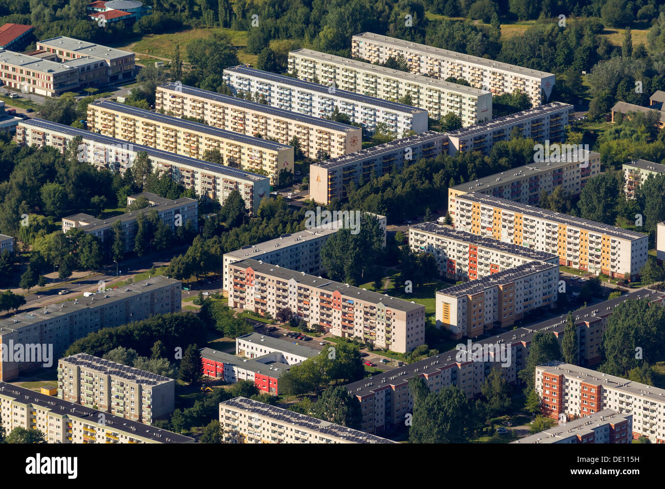 Aerial view, estate of buildings made of prefabricated concrete slabs ...