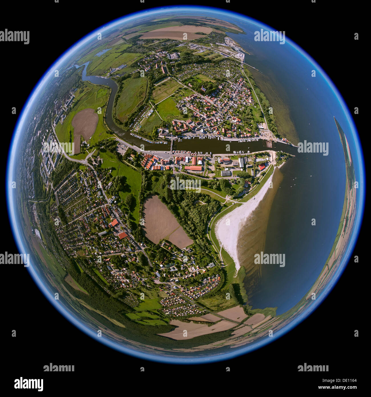 Aerial view, Peene River flowing into the Bay of Greifswald, fisheye ...