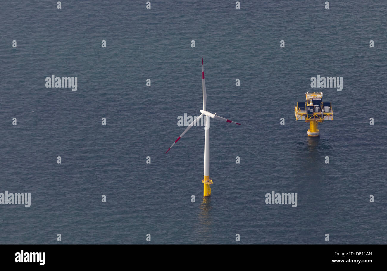 Aerial view, EnBW Baltic 1 offshore wind farm in the Baltic Sea ...