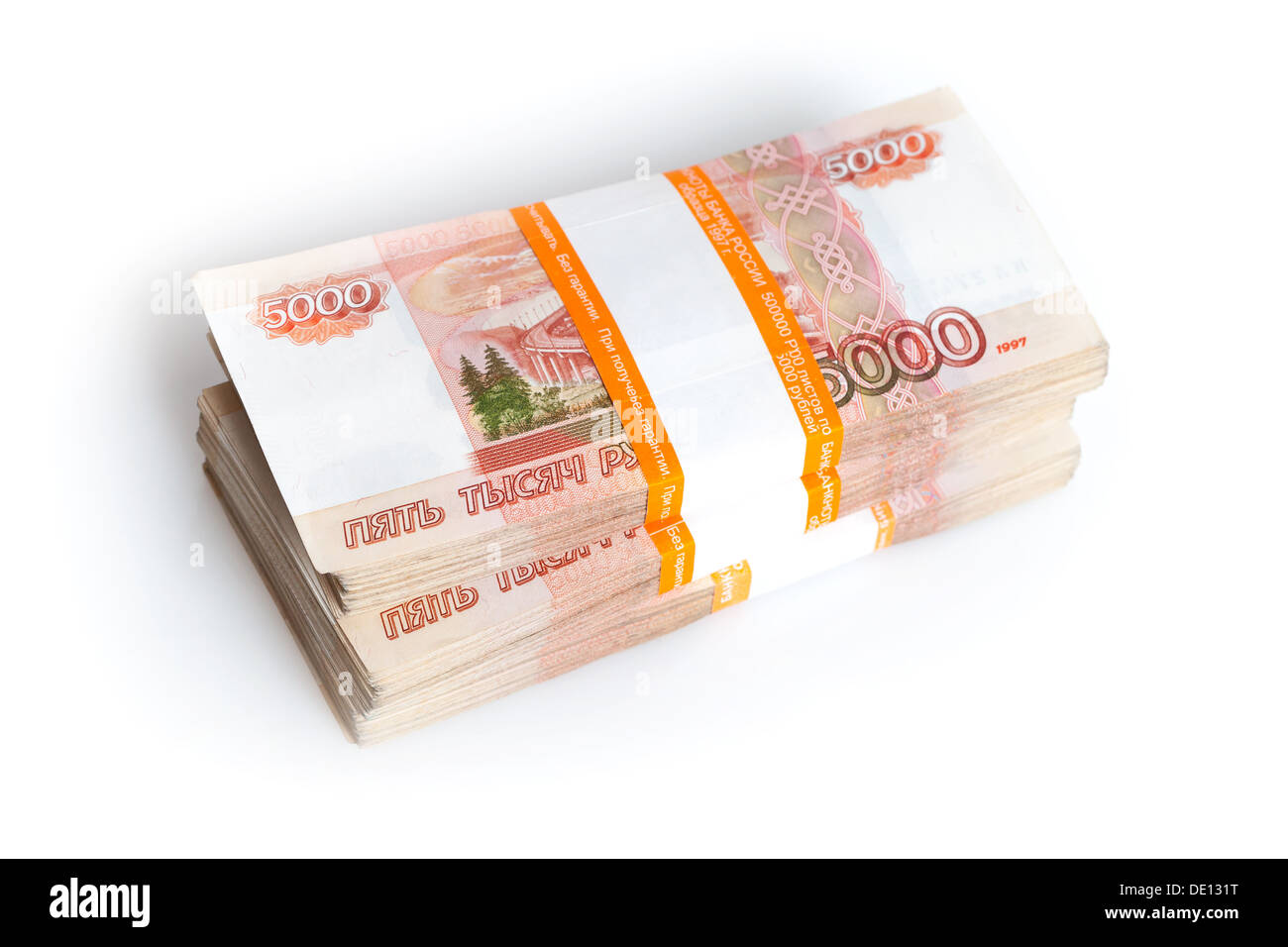 Russian rubles isolated on white, large stack of packed banknotes Stock ...
