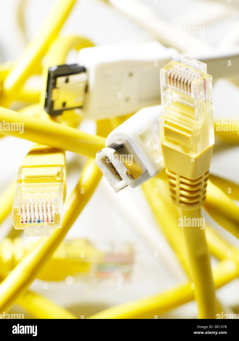 Yellow and white computer connection cables close-up, USB, FireWire ...