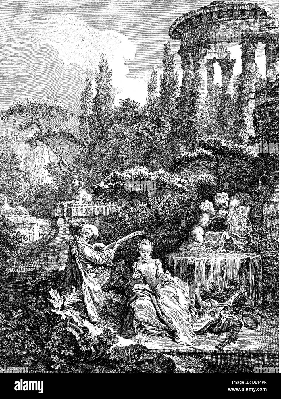 people, couples, couple in romantic landscape, copper engraving by P ...