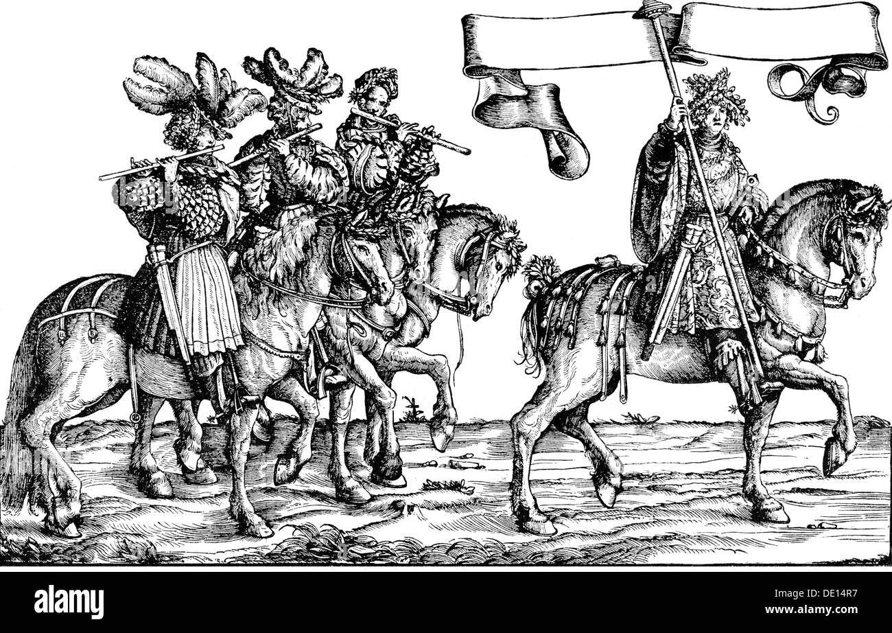 music, musicians, pipers, woodcut, Triumphal Procession of Emperor ...